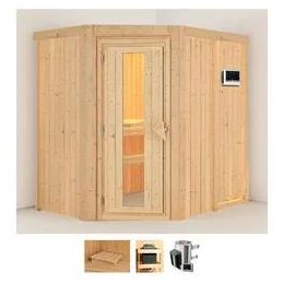 Sauna Karibu "Swantje", beige (naturbelassen), Bio-Kombiofen, externe Steuerung, 3,6 kW, Saunen, Ofen 3,6 kW Bio-Ofen externe Strg. easy
