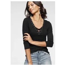3/4-Arm-Shirt Laura Scott, Damen, Gr. 42, schwarz, Single Jersey, Obermaterial: 95% Viskose, 5% Elasthan, unifarben, sehr figurbetont h&uuml;ftbedeckend, V-Ausschnitt, Shirts 3/4-Arm-Shirt, sehr figurbetont, elastisches Material