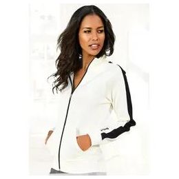 Sweatjacke BENCH. LOUNGEWEAR, Damen, Gr. 36/38, schwarz (ecru, schwarz), Jersey, Obermaterial: 60% Baumwolle, 40% Polyester, unifarben mit Farbeinsatz, bequem h&uuml;ftbedeckend, ohne Ausschnitt, Raglan&auml;rmel Rippb&uuml;ndchen, Sweatjacken Sweatjacke, mit Seitenstreifen und Stehkragen, Loungewear