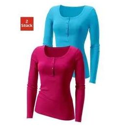 H.I.S. Langarmshirt H.I.S "mit kurzer Knopfleiste", Damen, Gr. 40/42, bunt (pink, petrol), Feinripp, Obermaterial: 100% Baumwolle, unifarben, Basic, k&ouml;rpernah, tiefer Rundhals, Shirts Langarmshirt, aus modischer Rippqualit&auml;t