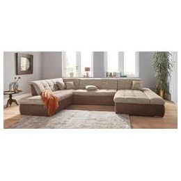 Wohnlandschaft DOMO collection "PB Moric wahlweise mit Bettfunktion und Armteilverstellung U-Form", braun (braun, braun, beige, beige), B:353cm H:80cm T:95cm, Zierkissen: Struktur (90% Polyester, 10% Polyacryl);Microfaser PRIMABELLE (100% Polyester) / Struktur (90% Polyester, 10% Polyacryl);Kunstleder SOFTLUX / Struktur (90% Polyester, 10% Polyacryl), Sofas, Wohnlandschaft, XXL-Format B/T/H: 353/2