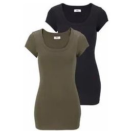 T-Shirt Flashlights, Damen, Gr. 32/34 (XS), gr&uuml;n (khaki, schwarz), Feinripp, Obermaterial: 100% Baumwolle, unifarben, Basic, sehr figurbetont Po-bedeckend, Rundhals, Shirts T-Shirt, figurbetonter Schnitt, unifarben, Rundhalsausschnitt, Topseller