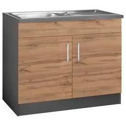 Sp&uuml;lenschrank KOCHSTATION "KS-Colmar", grau (wotaneiche, grafitgrau), B:100cm H:85cm T:60cm, Holzwerkstoff, Schr&auml;nke, Sp&uuml;lenschrank, 100 cm, mit Metallgriff