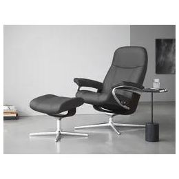 Relaxsessel stressless "Consul", grau (grau batick), B:91cm H:102cm T:79cm, Leder BATICK: BATICK ist ein leicht korrigiertes, durchgef&auml;rbtes und genarbtes M&ouml;belleder, bei dem die meisten Unebenheiten und Spuren in der Regel entfernt wurden., Sessel, Relaxsessel, mit Hocker, mit Cross Base, Gr&ouml;&szlig;e S, M & L, Holzakzent Braun