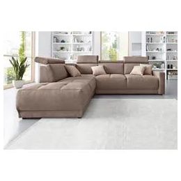 Ecksofa DOMO collection "Ava, moderne Sitzheftung mit toller Doppelnaht, komfortabel, L-Form", beige, B:266cm H:84cm T:99cm, Kunstleder SOFTLUX;Struktur fein (100% Polyester);Zierkissen: Microfaser PRIMABELLE (100% Polyester);Struktur (100% Polyester);Microfaser PRIMABELLE (100% Polyester), Sofas, Ecksofa, mit Ottomane, inkl. Federkern, wahlweise mit Kopfteilverstellungen