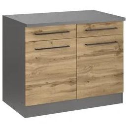 Unterschrank KOCHSTATION "KS-Tulsa", braun (wotaneiche), B:100cm H:85cm T:60cm, Schr&auml;nke, Unterschrank, 100 cm breit, 2 Schubk&auml;sten, 2 T&uuml;ren, schwarzer Metallgriff, MDF Front