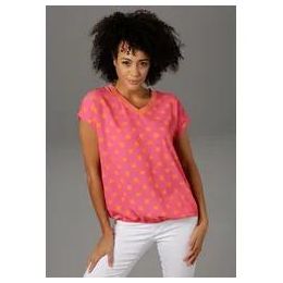 T-Shirt Aniston CASUAL, Damen, Gr. 36, pink (pink, orange), Cr&ecirc;pe, Obermaterial: 97% Polyester, 3% Elasthan. R&uuml;ckenteil: 95% Viskose, 5% Elasthan, gepunktet, gestreift, figurumspielend h&uuml;ftbedeckend, V-Ausschnitt, mit Aufschlag Umschlagbund, Shirts T-Shirt, im Material- und Mustermix