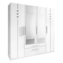 Kleiderschrank Priess, wei&szlig;, B:185cm H:193cm T:54cm, Holzwerkstoff, Schr&auml;nke, Kleiderschrank, 1-bis 5-t&uuml;rig, mit silberfarbigen Applikationen