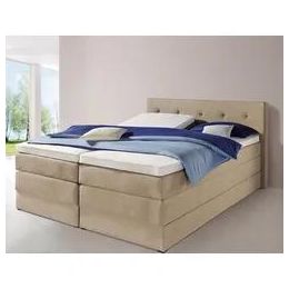 Boxspringbett Hapo, beige, Liegefl&auml;che B/L: 160cm x 200cm, kein H&auml;rtegrad, Bonnell-Federkernmatratze, Kopfteil, seitliche Unterbox und Obermatratze sind mit pflegeleichtem Feinstrukturstoff in Leinenoptik (100% Polyester) bezogen;Die Oberseite der Unterfederung und die Ober- und Unterseite der Obermatratze sind jeweils mit einem rutschhemmenden Stoff aus 100% Polyester bespannt., Komplettbetten, B