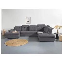 Wohnlandschaft COTTA "Holiday U-Form mit Sitztiefen-, Armteil- und Kopfteilverstellung", grau (stone), B:386cm H:86cm T:265cm, 90% Polyester, 10% Polyamid, Sofas, Wohnlandschaft, wahlweise mit Bettfunktion & Bettkasten