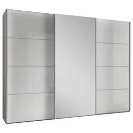 Schwebet&uuml;renschrank Wiemann "Kos", grau (kieselgrau, dekor, glas wei&szlig;, kristallspiegel), B:278,9cm H:217cm T:67cm, Glas, Holzwerkstoff, Schr&auml;nke, Schwebet&uuml;renschrank, mit Spiegelt&uuml;r und Schattenfuge