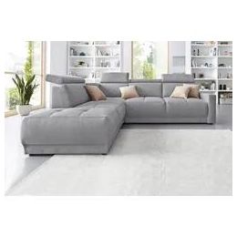 Ecksofa DOMO collection "Ava, moderne Sitzheftung mit toller Doppelnaht, komfortabel, L-Form", grau, B:266cm H:84cm T:99cm, Kunstleder SOFTLUX;Struktur fein (100% Polyester);Zierkissen: Microfaser PRIMABELLE (100% Polyester);Struktur (100% Polyester);Microfaser PRIMABELLE (100% Polyester), Sofas, Ecksofa, mit Ottomane, inkl. Federkern, wahlweise mit Kopfteilverstellungen