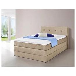 Boxspringbett Hapo, beige, Liegefl&auml;che B/L: 140cm x 200cm, kein H&auml;rtegrad, Bonnell-Federkernmatratze, Kopfteil, seitliche Unterbox und Obermatratze sind mit pflegeleichtem Feinstrukturstoff in Leinenoptik (100% Polyester) bezogen;Die Oberseite der Unterfederung und die Ober- und Unterseite der Obermatratze sind jeweils mit einem rutschhemmenden Stoff aus 100% Polyester bespannt., Komplettbetten, B
