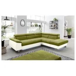 Ecksofa COTTA "Komaris L-Form, B: 249 cm", beige (creme, gr&uuml;n), B:249cm H:72cm T:100cm, Microfaser PRIMABELLE (100% Polyester);Kunstleder SOFTLUX;Feinstruktur (100% Polyester);Kunstleder SOFTLUX/Struktur (100% Polyester);NaturLEDER, Sofas, Ecksofa, mit Kopfteilverstellung, optional Bettfunktion, Bettkasten & Licht