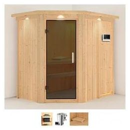 Sauna Karibu "Swantje", beige (naturbelassen), Bio-Kombiofen, externe Steuerung, 3,6 kW, Saunen, Ofen 3,6 kW Bio-Ofen externe Strg. easy