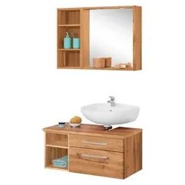 Badm&ouml;bel-Set Welltime "Davos", braun (eichefarben), Siphonausschnitt rechts, Holzwerkstoff, Kastenm&ouml;bel-Sets, Badm&ouml;bel-Set, Spiegel inklusive Beleuchtung, Regal und Waschplatz