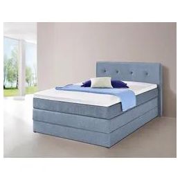 Boxspringbett Hapo, blau (hellblau), Liegefl&auml;che B/L: 140cm x 200cm, kein H&auml;rtegrad, Bonnell-Federkernmatratze, Kopfteil, seitliche Unterbox und Obermatratze sind mit pflegeleichtem Feinstrukturstoff in Leinenoptik (100% Polyester) bezogen;Die Oberseite der Unterfederung und die Ober- und Unterseite der Obermatratze sind jeweils mit einem rutschhemmenden Stoff aus 100% Polyester bespannt., Komplet