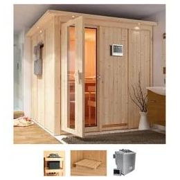 Sauna Karibu "Romina", beige (naturbelassen), Bio-Kombiofen, externe Steuerung, 9 kW, Saunen, Ofen 9 kW Bio externe Strg easy