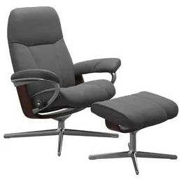 Relaxsessel stressless "Consul", grau (grau batick), B:91cm H:102cm T:79cm, Leder BATICK: BATICK ist ein leicht korrigiertes, durchgef&auml;rbtes und genarbtes M&ouml;belleder, bei dem die meisten Unebenheiten und Spuren in der Regel entfernt wurden., Sessel, Relaxsessel, mit Cross Base, Gr&ouml;&szlig;e S, M & L, Holzakzent Braun