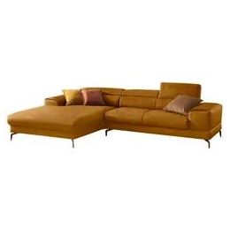 Ecksofa W.Schillig "Piedroo, Designsofa mit tollem Sitzkomfort, elegant und bequem, L-Form", gelb (brandy s37), B:303cm H:70cm T:193cm, Stoff S37 (100% Polyester): Luxus-Microfaser in Lederoptik, Sofas, Ecksofa, Kopfteilverstellung, wahlweise mit Sitztiefenverstellung, Breite 303cm