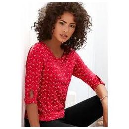3/4-Arm-Shirt Lascana "mit kleinem Cut-Out am &Auml;rmelsaum", Damen, Gr. 32/34, rot, Obermaterial: 95% Viskose (LENZINGTM ECOVEROTM), 5% Elasthan, bedruckt, figurumspielend normal, tiefer Rundhals, mit Cut Outs, Shirts 3/4-Arm-Shirt, aus weichem Viskose-Stretch