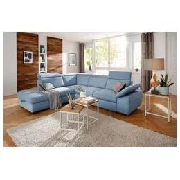 Ecksofa Home Affaire "Mauritius L-Form", blau (hellblau), B:276cm T:232cm, Struktur fein (100% Polyester);Luxus-Microfaser Lederoptik (100% Polyester);Soft clean (98% Polyester, 2% Polyamid), Sofas, Ecksofa, mit Ottomane, mit Kopfteil- und Armlehnverstellung