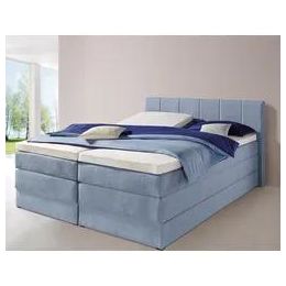 Boxspringbett Hapo, blau (hellblau), Liegefl&auml;che B/L: 160cm x 200cm, kein H&auml;rtegrad, 7-Zonen-Tonnentaschen-Federkernmatratze, Kopfteil, seitliche Unterbox und Obermatratze sind mit pflegeleichtem Feinstrukturstoff in Leinenoptik (100% Polyester) bezogen;Die Oberseite der Unterfederung und die Ober- und Unterseite der Obermatratze sind jeweils mit einem rutschhemmenden Stoff aus 100% Polyester besp