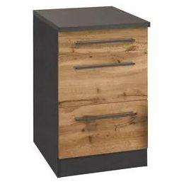 Unterschrank KOCHSTATION "KS-Tulsa", braun (wotaneiche), B:50cm H:85cm T:60cm, Schr&auml;nke, Unterschrank, 50 cm breit, 1 Schubkasten, 2 gro&szlig;e Ausz&uuml;ge, Metallgriff, MDF Front