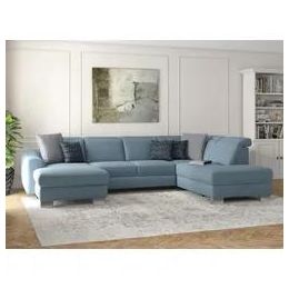 Sit & More Wohnlandschaft SIT & MORE "Dundee U-Form", blau (hellblau), B:338cm H:86cm T:219cm, Sofas, Wohnlandschaft, mit Federkern und Edelstahlf&uuml;&szlig;en, wahlweise mit Kopfteilverstellung