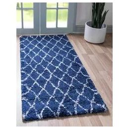 Hochflor-L&auml;ufer "Temara Shag, LAGERR&Auml;UMUNG", blau (marineblau, elfenbeinfarben), B:79cm H:51mm L:305cm, Polypropylen (PP), MyFlair M&Ouml;BEL & ACCESSOIRES, Teppiche, Teppich-L&auml;ufer, gewebt, Rauten Design, weich & kuschelig