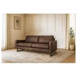 3-Sitzer Home Affaire "Pinto, 206 cm, Cord, Chenille, Lederoptik", braun, B:206cm H:85cm T:97cm, Kunstleder (65% Polyester, 35% Lederfasern);Cord (92% Polyester, 8% Polyamide), Sofas, mit Keder, schwarze Metallf&uuml;&szlig;e, Wellenunterfederung