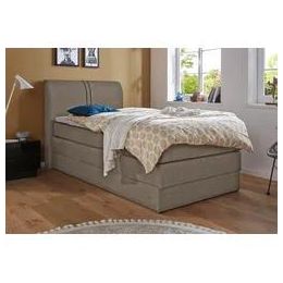 Boxspringbett Hapo, braun (hellbraun, strukturstoff), Liegefl&auml;che B/L: 100cm x 200cm, kein H&auml;rtegrad, Bonnell-Federkernmatratze, Kopfteil, seitliche Unterbox und Obermatratze sind mit pflegeleichtem Feinstrukturstoff in Leinenoptik (100% Polyester) oder Kunstleder bezogen;Die Oberseite der Unterfederung und die Ober- und Unterseite der Obermatratze sind jeweils mit einem rutschhemmenden Stoff aus 