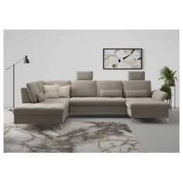 Wohnlandschaft Home Affaire "Palm Beach U-Form", braun (latte), B:347cm H:89cm T:224cm, 100%Polyester, Sofas, Wohnlandschaft, Federkern, mit Sitztiefenverstellung, wahlweise mit Bettfunktion
