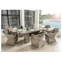 Garten-Essgruppe Destiny "MALAGA LUNA", grau (vintage grau,), Aluminium, Geflecht Rattan, Polyrattan, Sitzm&ouml;bel-Sets, Polyrattan, 6 Sessel + Tisch 200x100x75cm, inkl. Auflagen