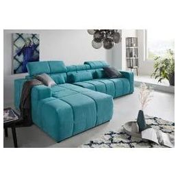 Ecksofa DOMO collection "Brandon gro&szlig;e Ausf&uuml;hrung B/T/H: 289/177/80 cm, auch in Leder und Cord", blau (t&uuml;rkis), B:289cm H:80cm T:175cm, Luxus-Microfaser in Antikleder-Optik (100% Polyester);Luxus-Microfaser (100% Polyester);Kunstleder SOFTLUX, Sofas, Ecksofa, mit Kopfteilverstellung, wahlweise Sitztiefenverstellung, L-Form