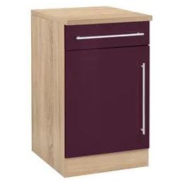 Unterschrank KOCHSTATION "KS-Samos", lila (aubergine hochglanz, eiche sonoma), B:50cm H:85cm T:60cm, Schr&auml;nke, Unterschrank, 50 cm breit