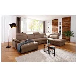 Wohnlandschaft Home Affaire "Mauritius U-Form", braun, B:354cm T:232cm, Struktur fein (100% Polyester);Luxus-Microfaser Lederoptik (100% Polyester);Soft clean (98% Polyester, 2% Polyamid), Sofas, Wohnlandschaft, mit Kopfteil- und Armlehnverstellung, wahlweise mit Bettfunktion