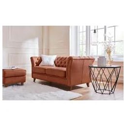 Chesterfield-Sofa Home Affaire "Reims", braun (cognac), B:180cm H:76cm T:88cm, Samtoptik (100% Polyester), Sofas, mit echter Chesterfield-Knopfheftung, hochwertige Verarbeitung