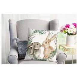 Dekokissen queence "Berti", gr&uuml;n (gr&uuml;n, braun, bedruckt), B:40cm L:40cm, Polyester, Dekokissen_Sitzkissen_Kissenh&uuml;llen, s&uuml;&szlig;er Hase