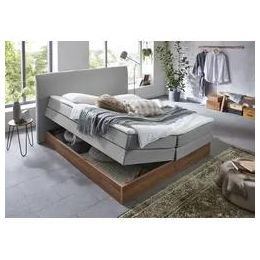 Boxspringbett Home Affaire "Blomen", grau (hellgrau), B:162cm L:224cm, Komplettbetten, Boxspringbett, mit Walnuss-Dekor, mit Bettkasten, verschiedene H&auml;rtegrade, mit Topper