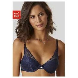 Push-up-BH s.Oliver "Amelie", Damen, Gr. 70, Cup C, blau (dunkelblau), Spitze, Obermaterial: 60% Polyamid, 35% Polyester, 5% Elasthan, BHs Push-up-BH, aus floraler, transparenter Spitze, Dessous