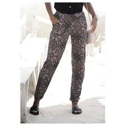 Jerseyhose Lascana, Damen, Gr. 40, N-Gr, bunt (bedruckt), Jersey, Obermaterial: 100% Viskose, bedruckt, figurumspielend lang, Hosen Jerseyhose, mit Alloverdruck und Taschen, gerade Beinform, Strandhose, elastisch