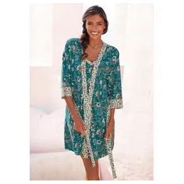 Kimono Lascana, Damen, Gr. 32/34, bunt (rauchblau, ecru), Jersey, gemustert, Kurzform, Hausm&auml;ntel, mit Blumen Allover-Druck