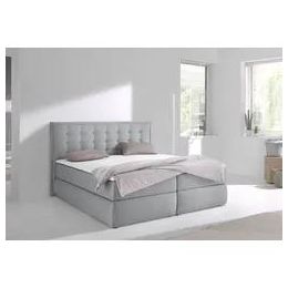 Boxspringbett Home Affaire "Sagres", grau, B:195cm L:210cm, Feinstruktur(100% Polyester);Bezug der Spiegelfl&auml;che Matratzendrell aus 100% Polyester, Komplettbetten, Boxspringbett, Kopfteil mit 2farbiger Flatterbiese und zweifarbigen Kn&ouml;pfen