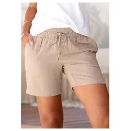 Shorts Lascana, Damen, Gr. 36, N-Gr, beige (sand), Web, Obermaterial: 58% Viskose, 28% Baumwolle, 14% Leinen, figurumspielend ca. Mitte Oberschenkel, Hosen Shorts, aus Leinenmix mit Taschen, Leinenhose, kurze Hose, Topseller