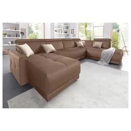 Wohnlandschaft DOMO collection "Ava moderne Sitzheftung mit toller Doppelnaht, komfortabel, U-Form", braun (espresso), B:351cm H:84cm T:222cm, Zierkissen: Microfaser PRIMABELLE (100% Polyester);Struktur (100% Polyester);Microfaser PRIMABELLE (100% Polyester);Kunstleder SOFTLUX;Struktur fein (100% Polyester), Sofas, Wohnlandschaft, mit Federkern, wahlweise mit Kopfteilverstellungen