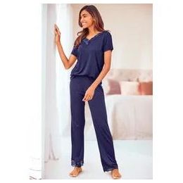 Pyjama Lascana, Damen, Gr. 44/46, blau (nachtblau), Single Jersey, Obermaterial: 100% Viskose, lang, V-Ausschnitt, abgesteppt, Homewear-Sets Pyjama, mit Spitzendetails