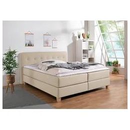 Boxspringbett Home Affaire "Fargo", beige, B:213cm L:227cm, Struktur fein (100% Polyester);Samtstoff (100% Polyester), Komplettbetten, Boxspringbett, in &Uuml;berl&auml;nge 220 cm, mit Topper, 3 Ausf&uuml;hrungen, 4, Breiten