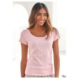 Pyjamaoberteil s.Oliver, Damen, Gr. 44/46, rosa (blassrosa), Feinstrick, Obermaterial: 100% Baumwolle, unifarben, figurbetont, Rundhals, eingesetzt,eng Spitze, Shirts, aus Ajour-Strick