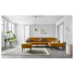 Ecksofa OTTO HOME "Bille L-Form", gold, B:302cm H:86cm T:178cm, Samtoptik (100% Polyester);Luxus-Microfaser weich (100% Polyester);Struktur (100% Polyester);Struktur fein (100% Polyester), Sofas, Ecksofa, mit Naht im R&uuml;ckenkissen und Beinen aus Eichenholz